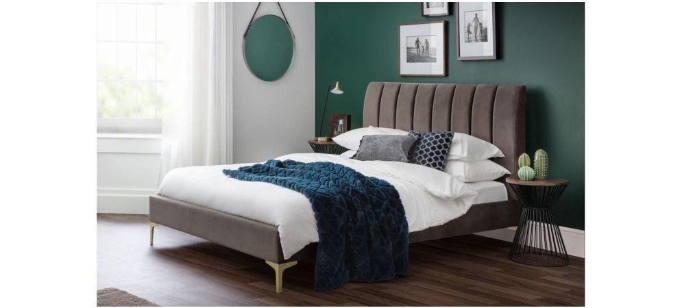 Deco Scalloped Velvet Bed Truffle Velvet Brushed Gold Other Sizes Available 135cm 150CM Leather Sofa World