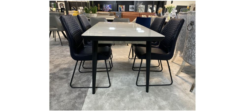 1.26m 1.56m Marble Effect Extending Dining Table With 4 Navy Quilted Faux Leather Chairs w50cm d50cm h90cm Ex Display Clearance 50884 Leather